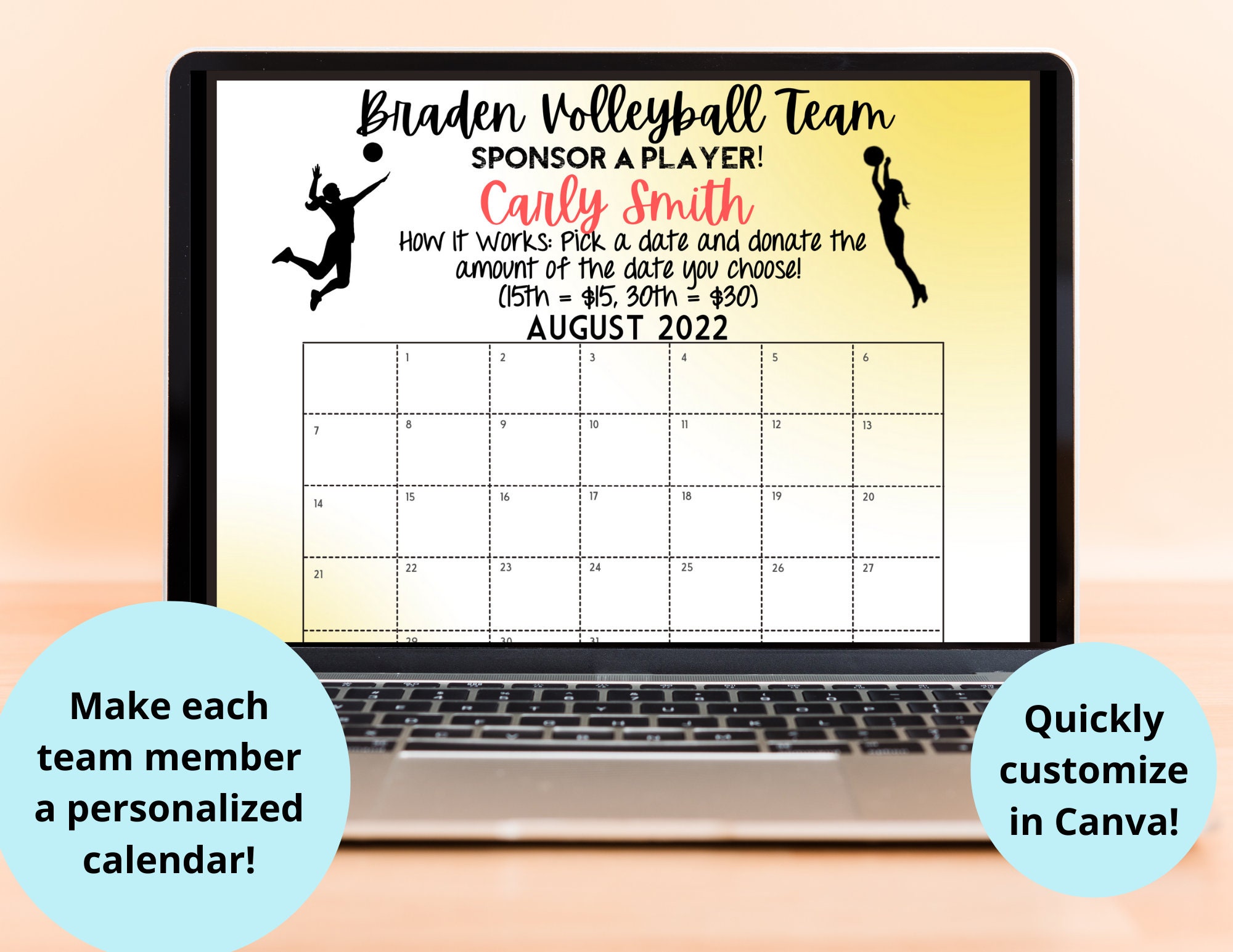 Calendar Fundraiser, Editable Volleyball Team, Pick a Date to Donate ...