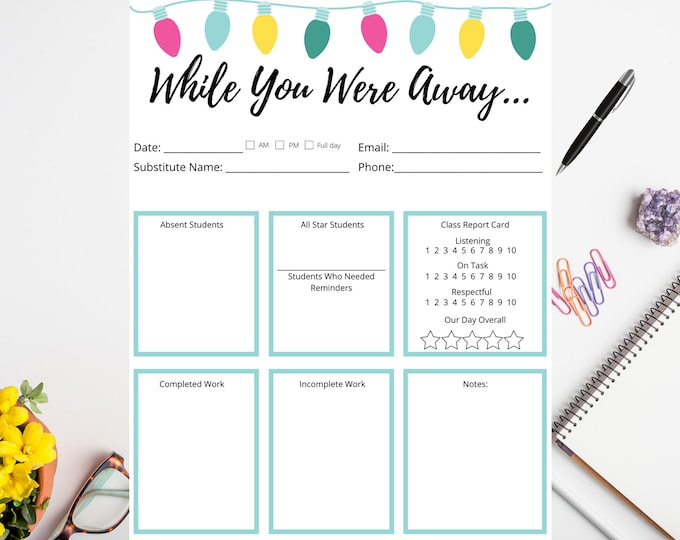 Substitute Note, Classroom Notes, Personalized Teacher Note, Editable ...