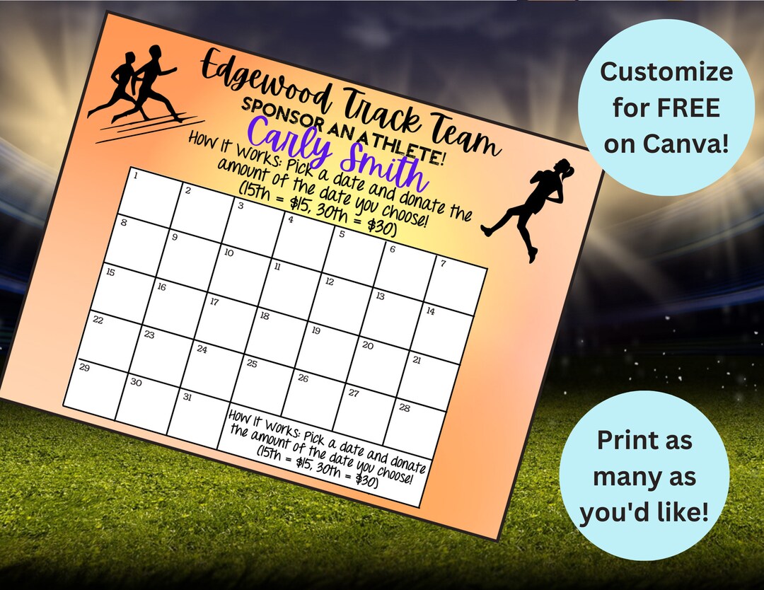 Calendar Fundraiser, Editable Track Team, Pick a Date to Donate ...
