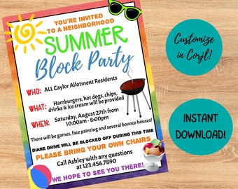 EDITABLE Neighborhood Block Party Invite, Bbq Picnic Summer Party ...