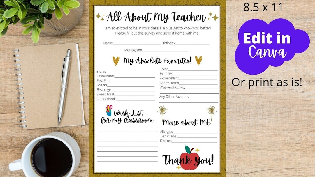 Instant Download All About My Teacher Survey- Beginning of the Year ...
