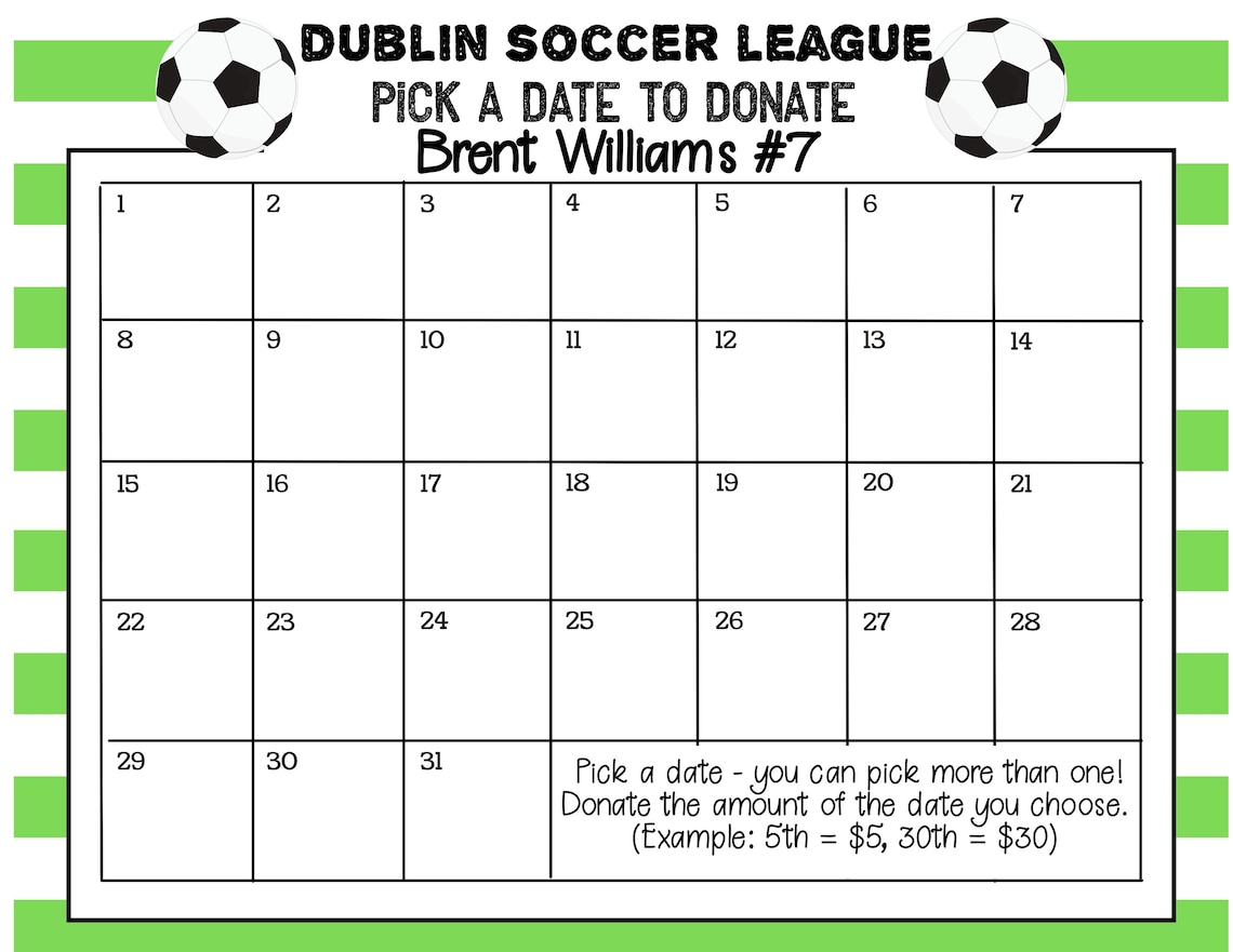 Editable Soccer League Fundraiser, Pick a Date to Donate Printable ...