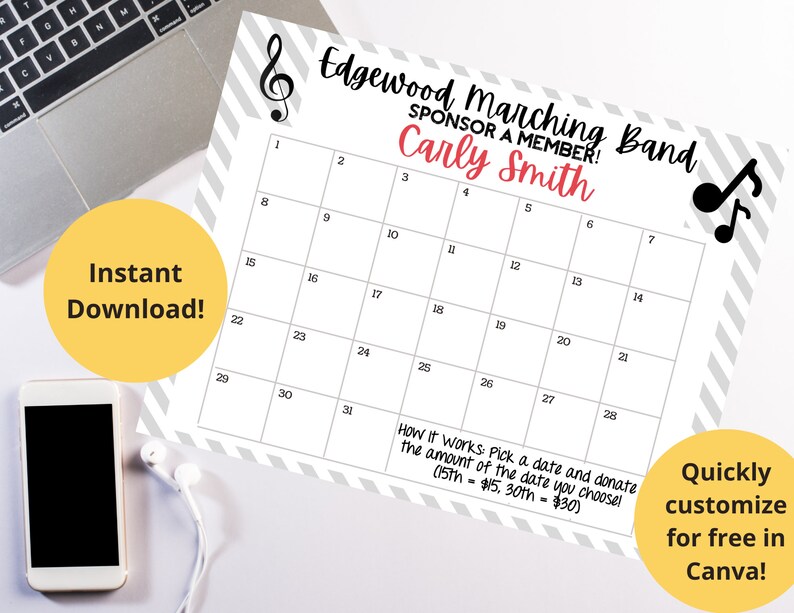 School Band Calendar Fundraiser, Marching Band Pick A Date to Donate ...