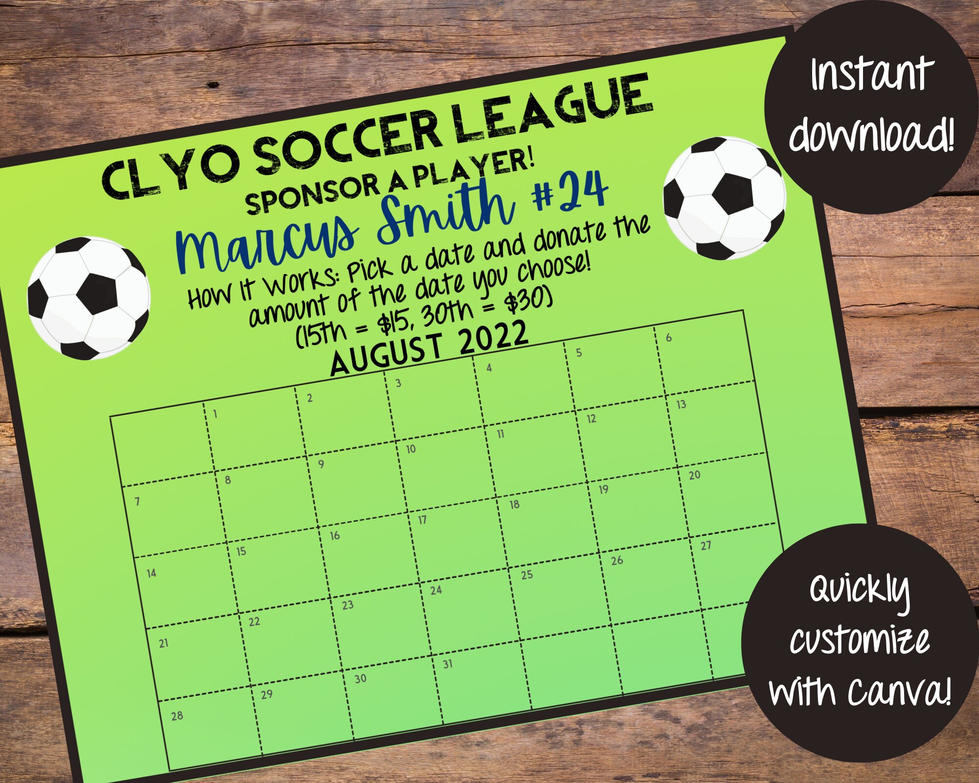 Calendar Fundraiser, Pick A Date to Donate Soccer Team, Printable ...