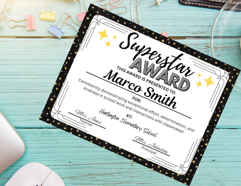 Superstar Student Award Certificate Digital Printable for Classroom or ...