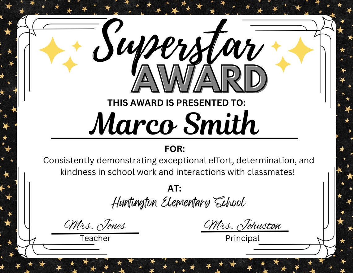 Superstar Student Award Certificate Digital Printable for Classroom or ...