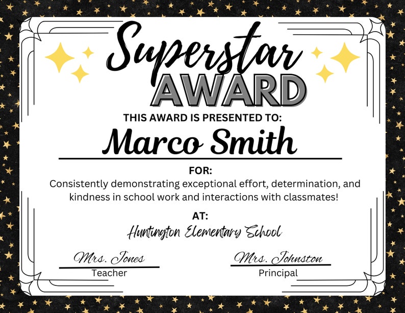 Superstar Student Award Certificate Digital Printable for Classroom or ...