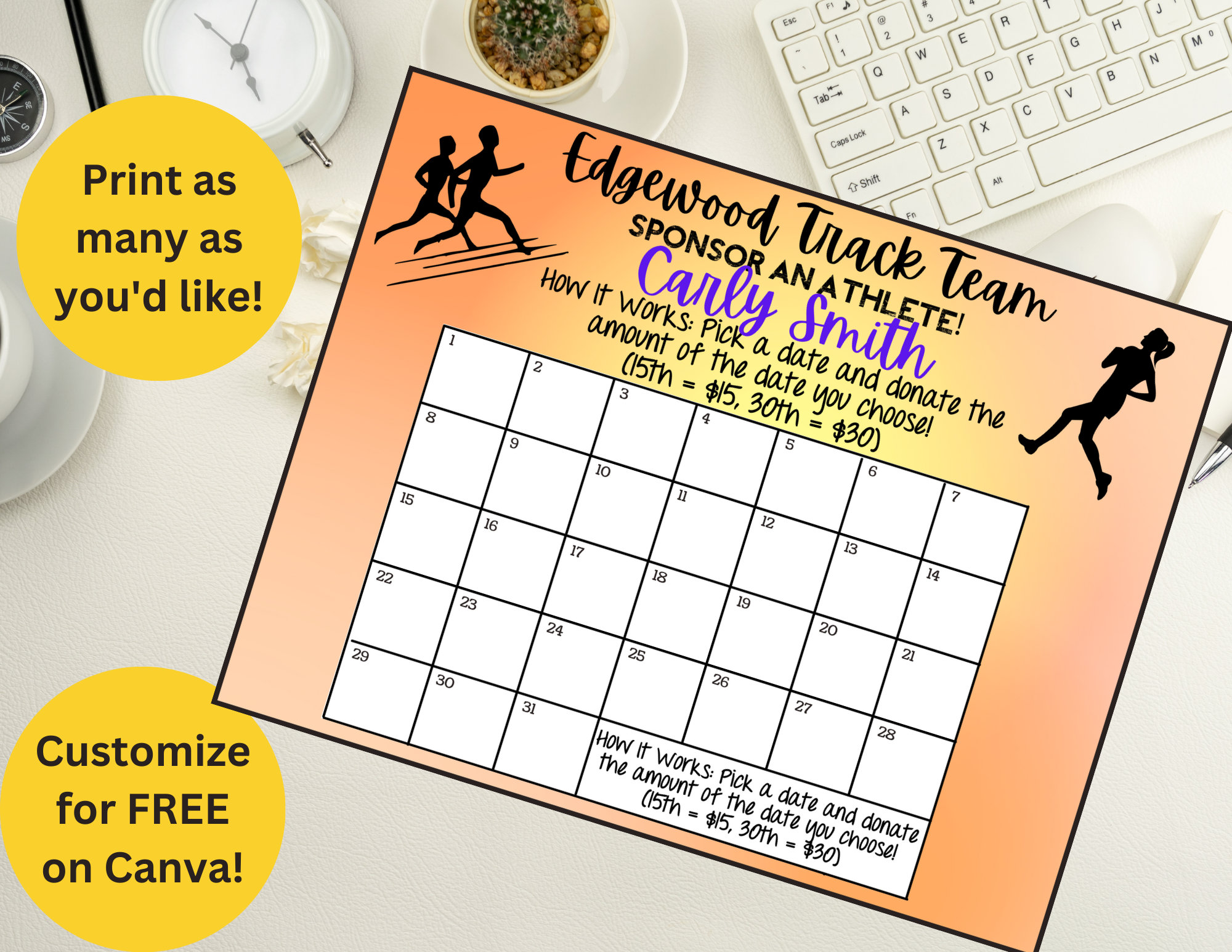 Calendar Fundraiser, Editable Track Team, Pick a Date to Donate ...