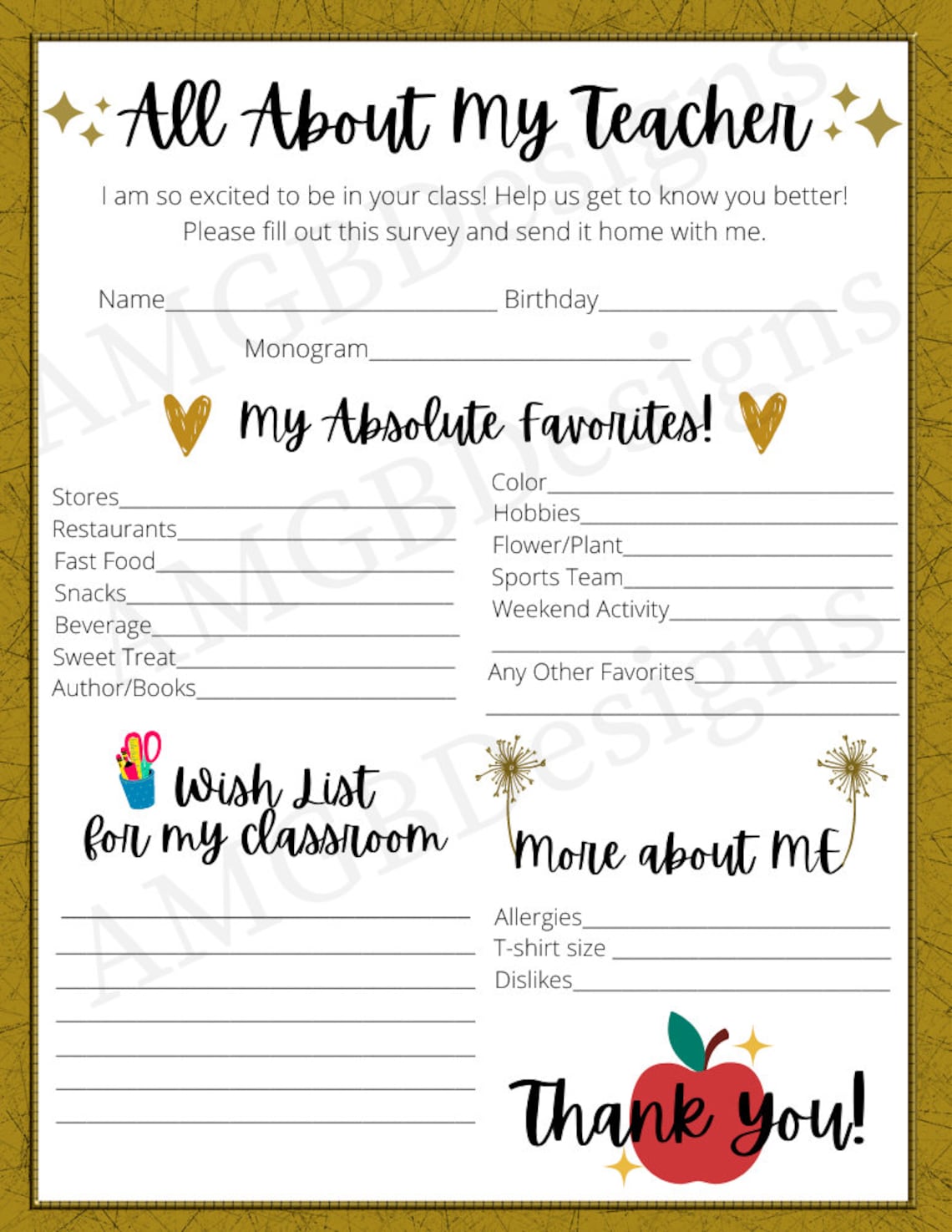 Instant Download All About My Teacher Survey- Beginning of the Year ...