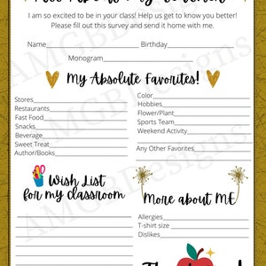 Instant Download All About My Teacher Survey- Beginning of the Year ...