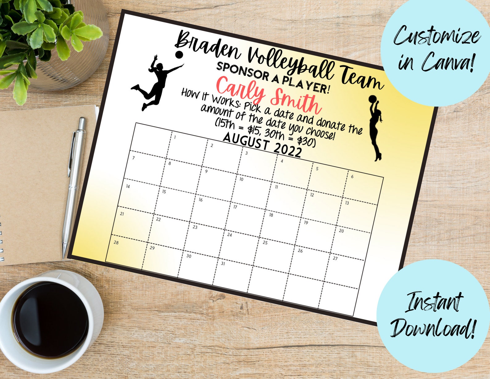 Calendar Fundraiser, Editable Volleyball Team, Pick a Date to Donate ...