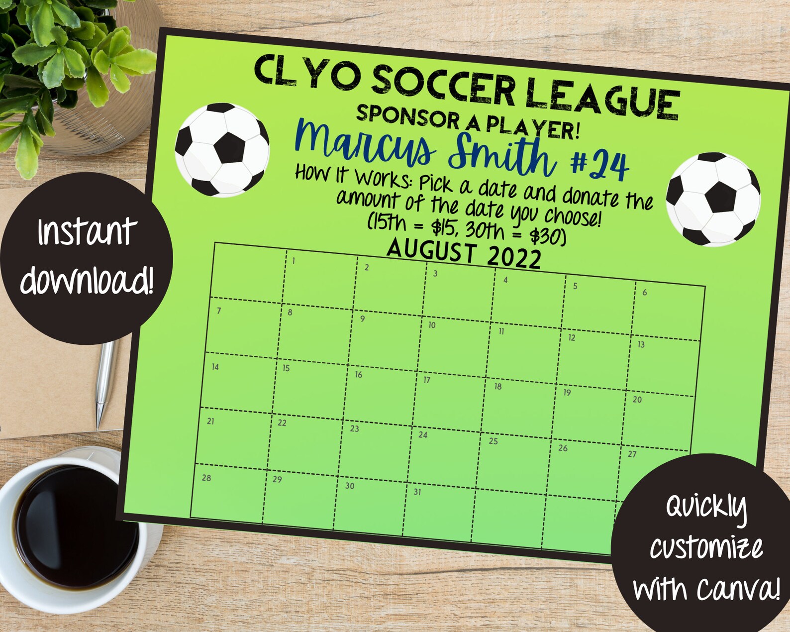 Calendar Fundraiser, Pick A Date to Donate Soccer Team, Printable ...