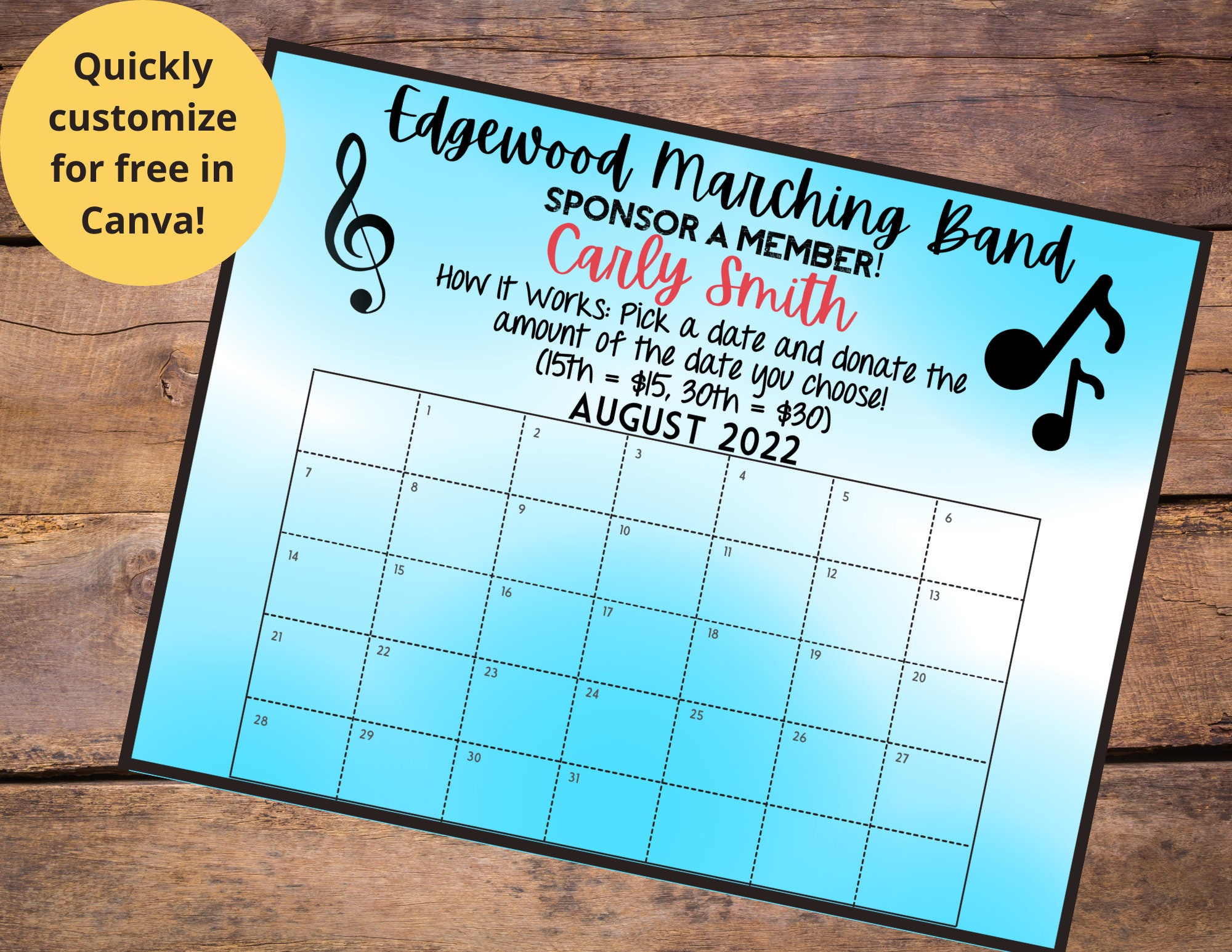 School Band Calendar Fundraiser, Marching Band Pick A Date to Donate ...