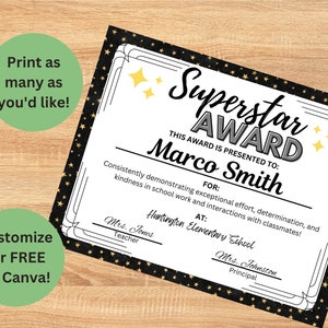Superstar Student Award Certificate Digital Printable for Classroom or ...