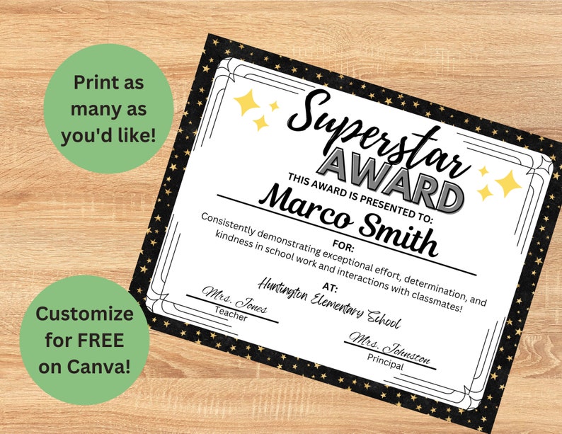 Superstar Student Award Certificate Digital Printable for Classroom or ...