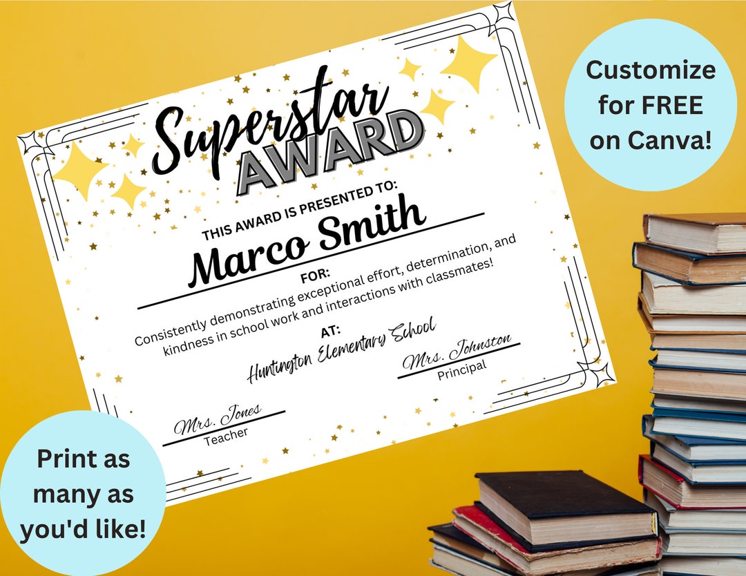 Superstar Student Award Certificate Digital Printable for - Etsy