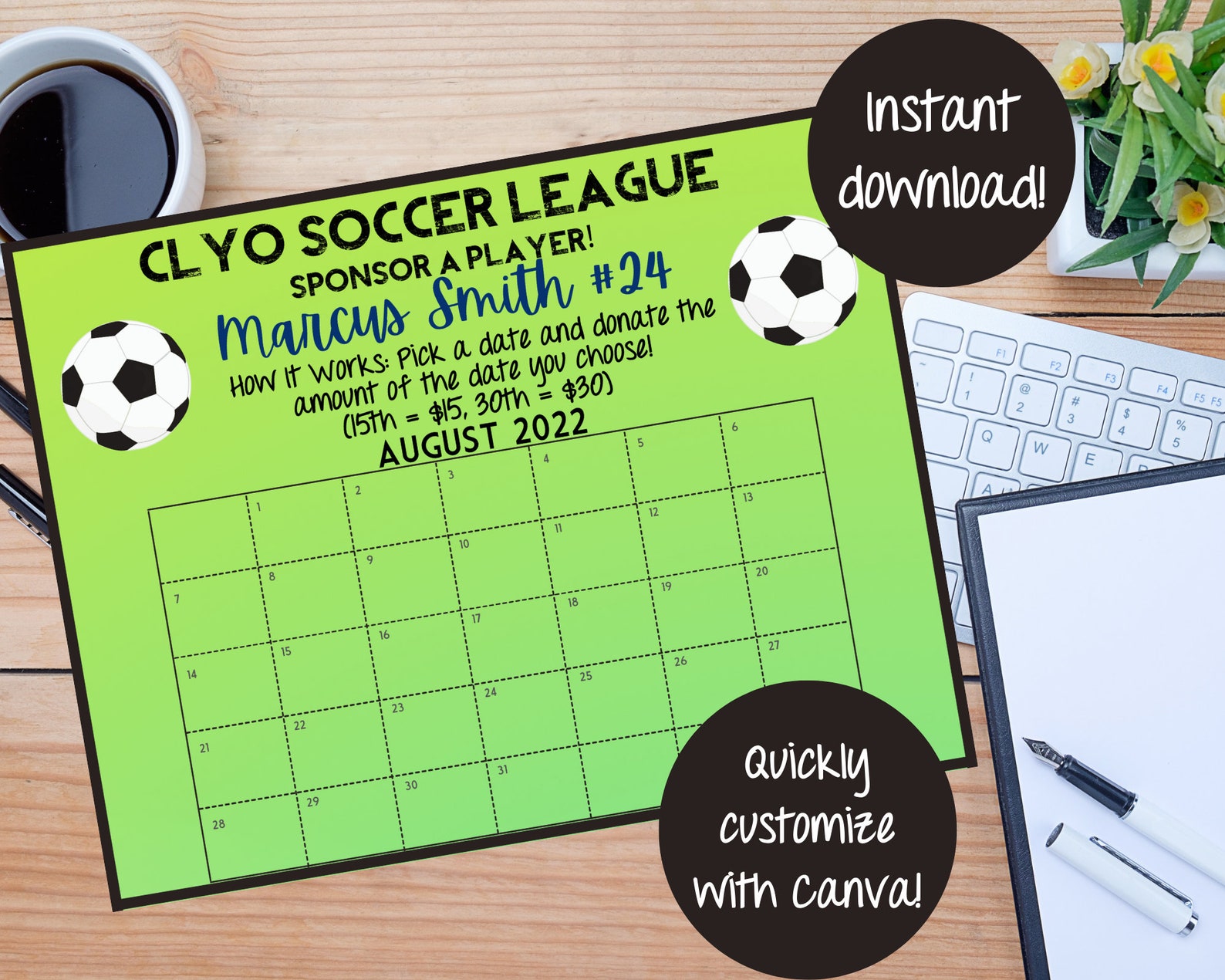 Calendar Fundraiser, Pick A Date to Donate Soccer Team, Printable ...