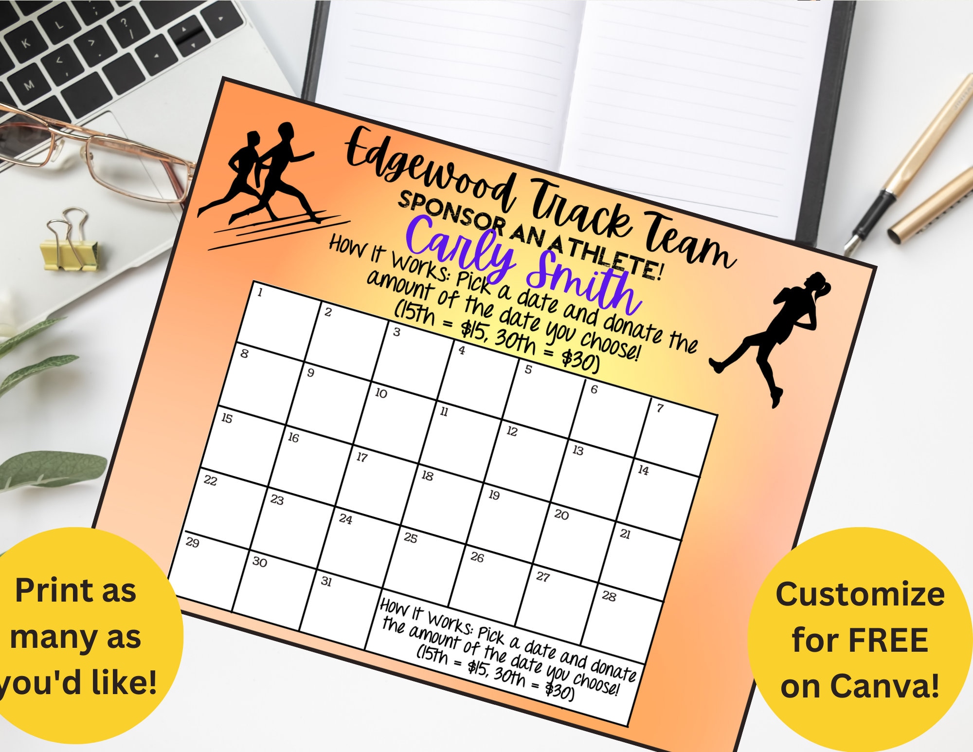 Calendar Fundraiser, Editable Track Team, Pick a Date to Donate ...