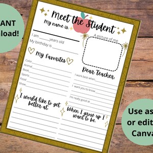 Meet the Student, Back to School Student Survey, Get to Know You, Beginning of Year ...