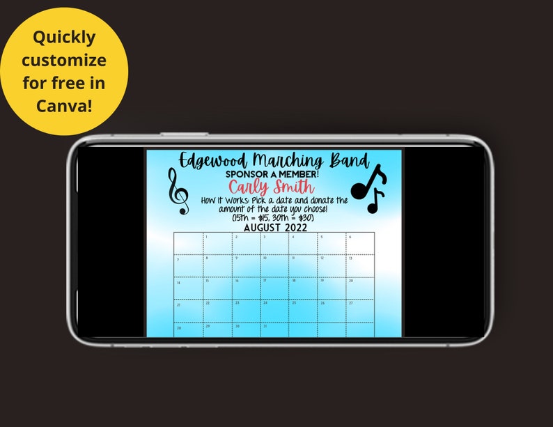 School Band Calendar Fundraiser, Marching Band Pick A Date to Donate ...