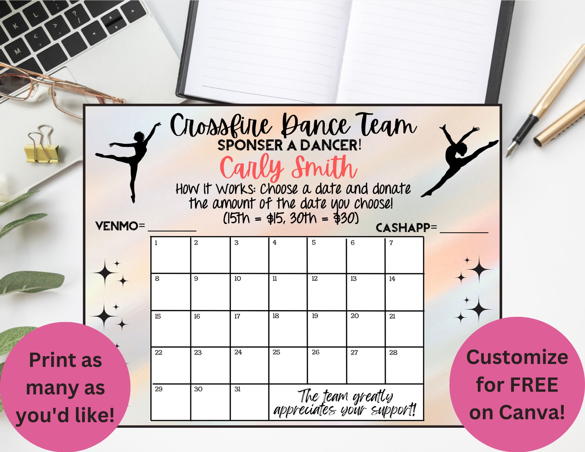 Calendar Fundraiser, Editable Dance Team, Pick a Date to Donate ...
