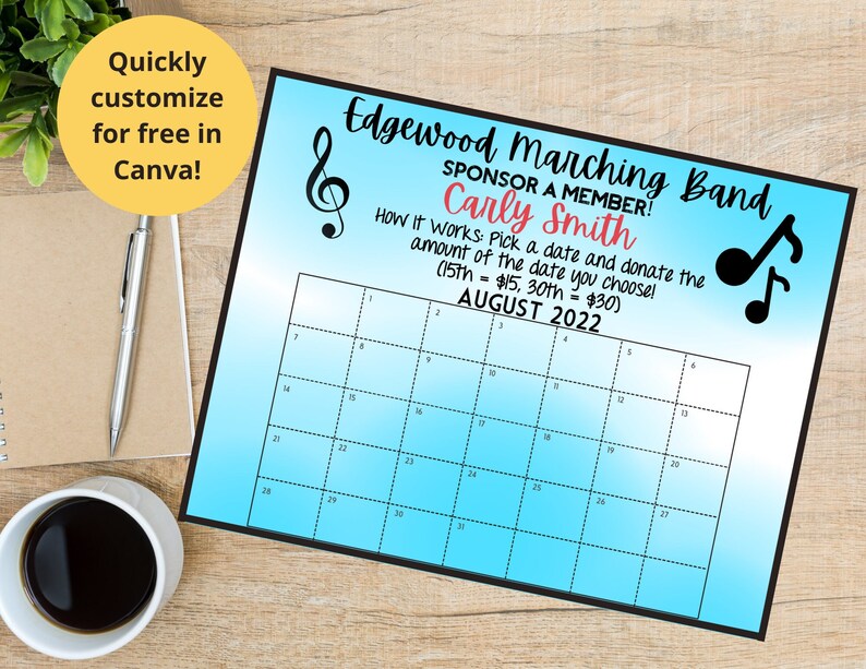 School Band Calendar Fundraiser, Marching Band Pick A Date to Donate ...