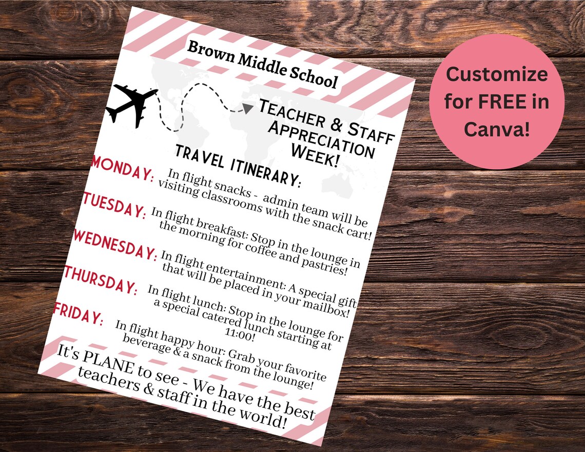 Teacher Appreciation Week Travel Theme Itinerary Plan Agenda Weekly ...