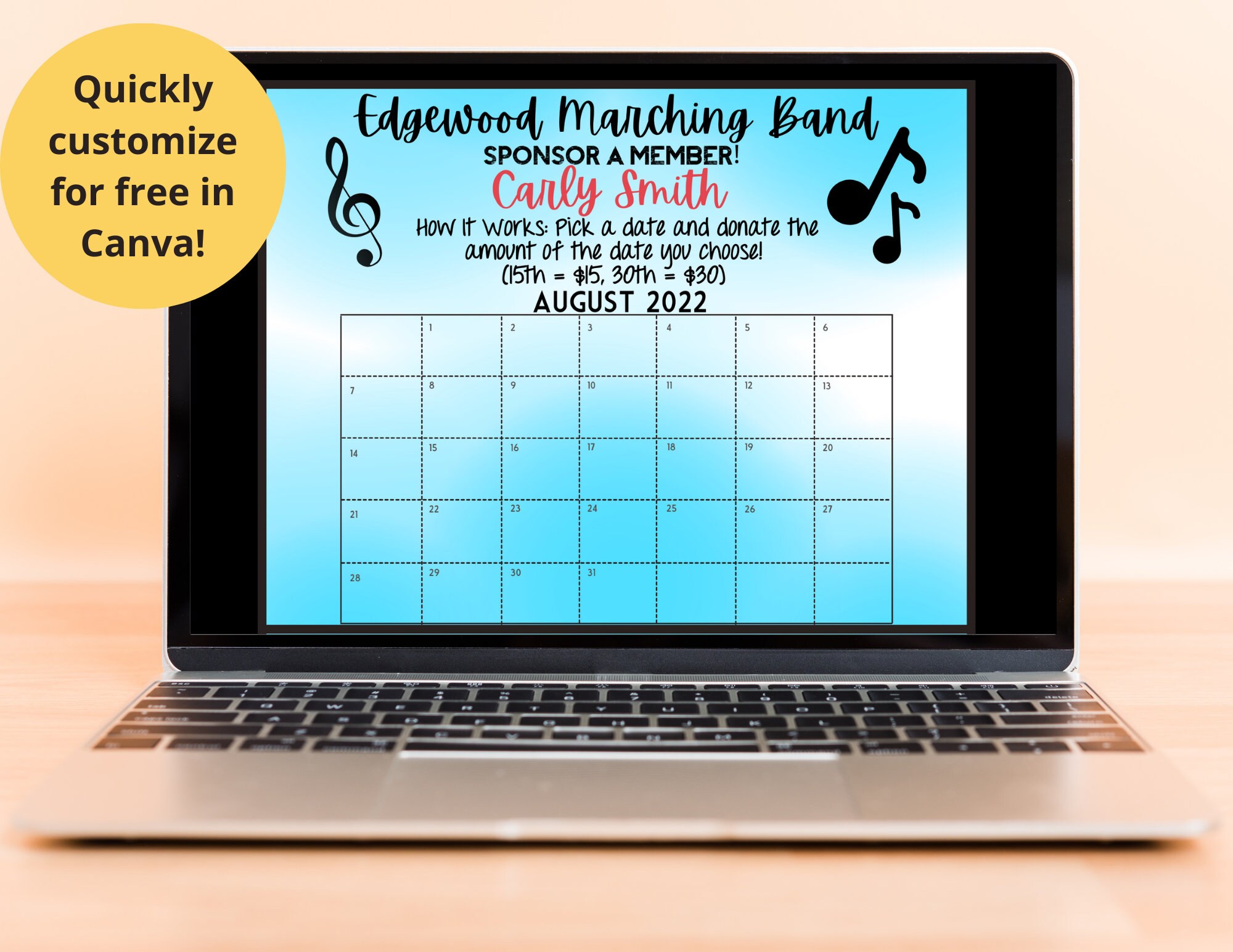 School Band Calendar Fundraiser, Marching Band Pick A Date to Donate ...