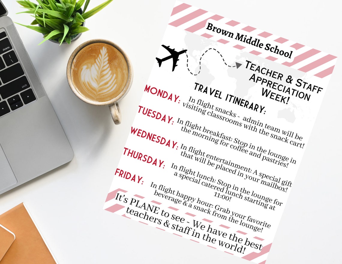 Teacher Appreciation Week Travel Theme Itinerary Plan Agenda Weekly ...
