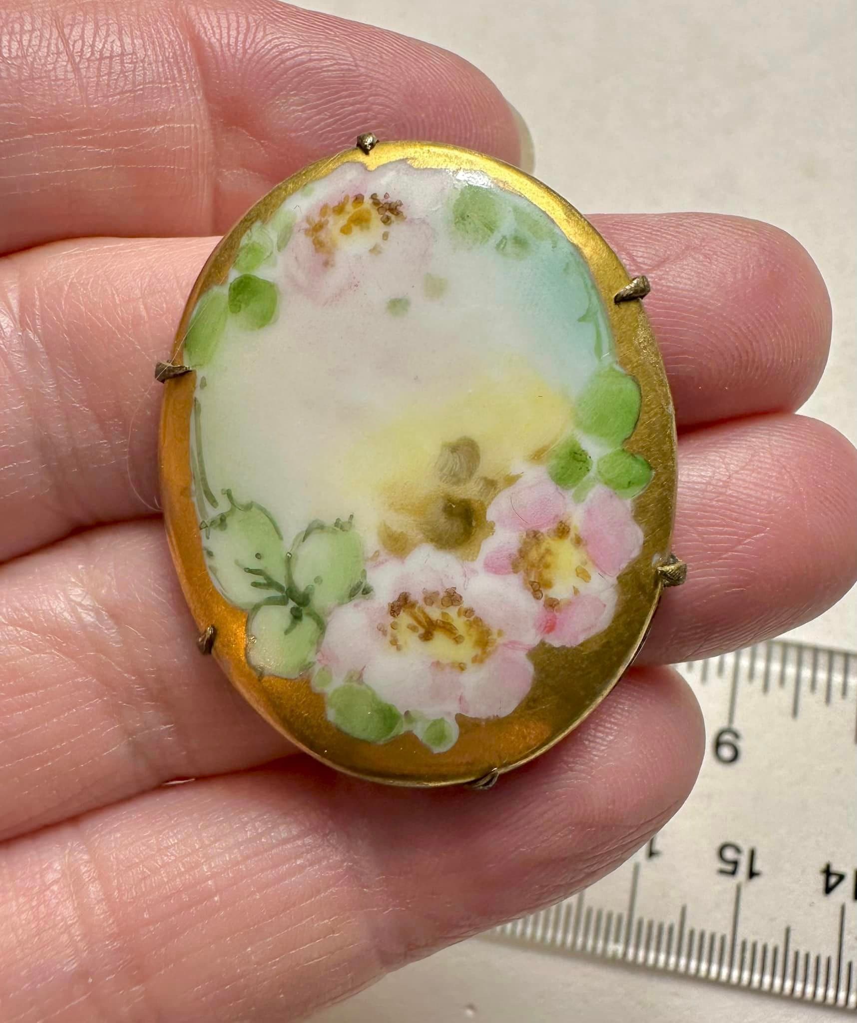 A Victorian Hand Painted Porcelain Brooch With Pink Wild Roses and ...