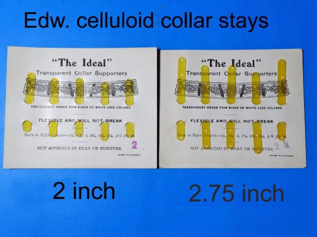 1 Original Card of 5 Transparent Celluloid Collar Stays in Choice of 2 ...