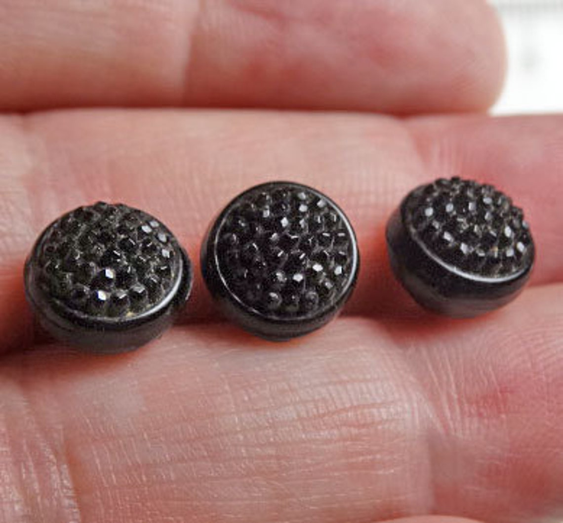 Set of 8 Tiny Victorian Black Glass Dome Buttons With Faux Cut Steel ...
