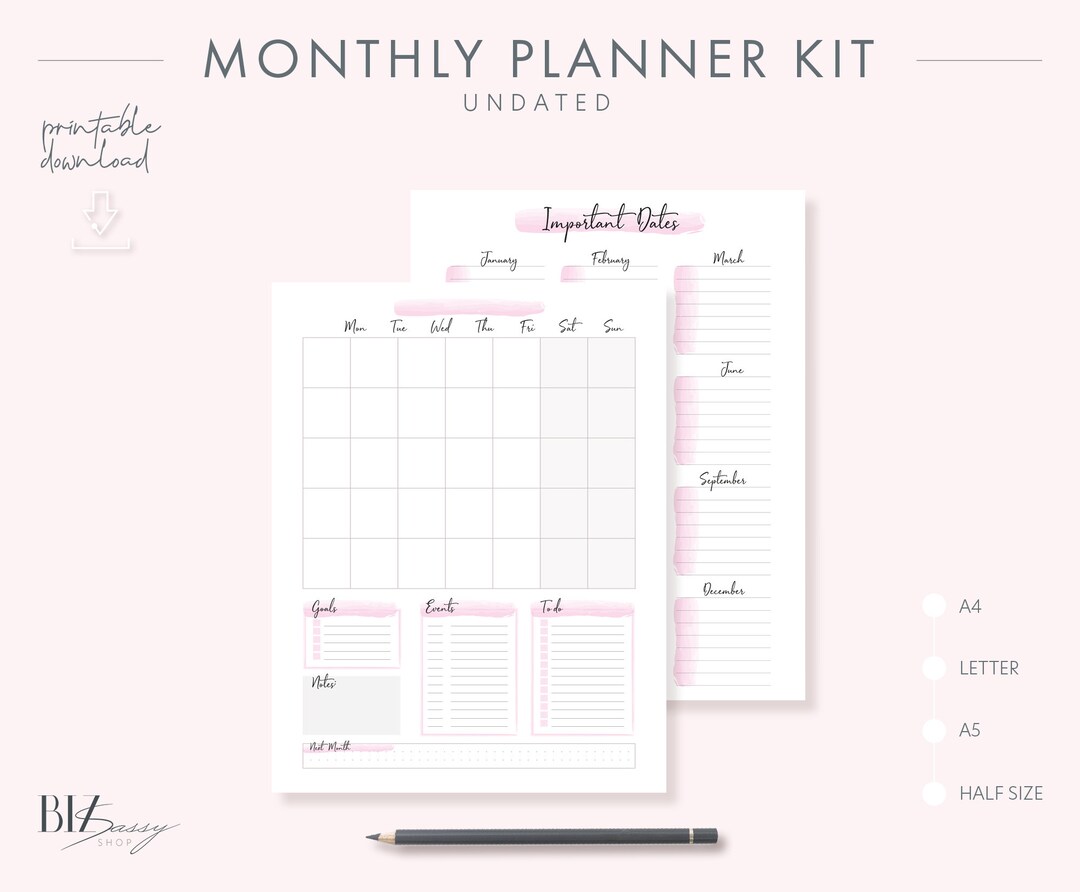 Monthly Planner Printable Pink, Monthly Planner, Undated Planner ...