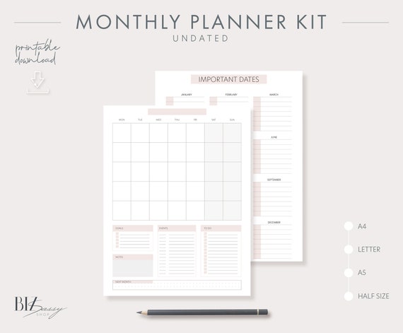 Monthly Planner Printable Monthly Planner Undated Planner | Etsy