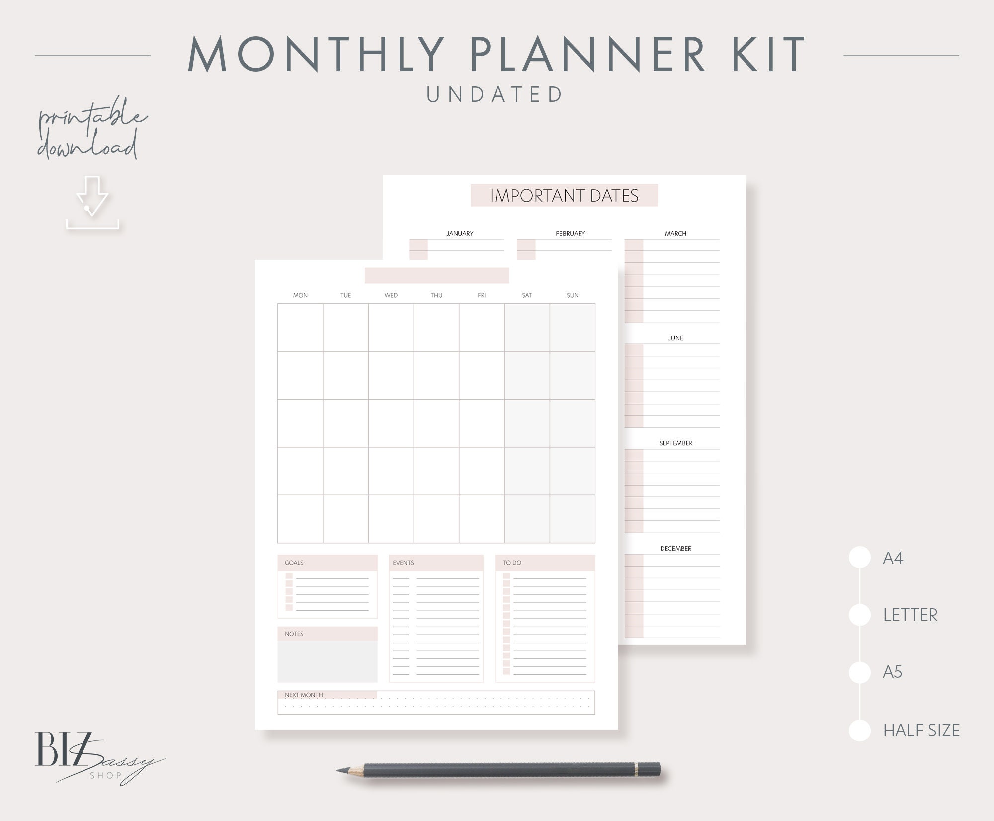 Monthly Planner Printable, Monthly Planner, Undated Planner, Monthly ...