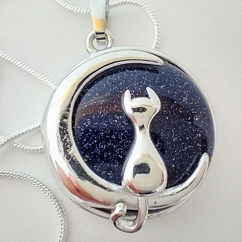 Blue Goldstone Cat Necklace Cat Moon Necklace Gemstone - Etsy