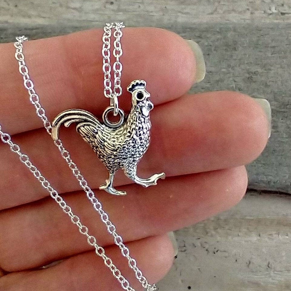 Quirky Chicken Necklace Silver Necklace Rooster Necklace | Etsy