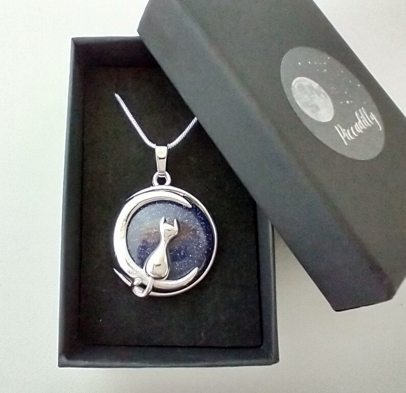 Blue Goldstone Cat Necklace Cat Moon Necklace Gemstone - Etsy