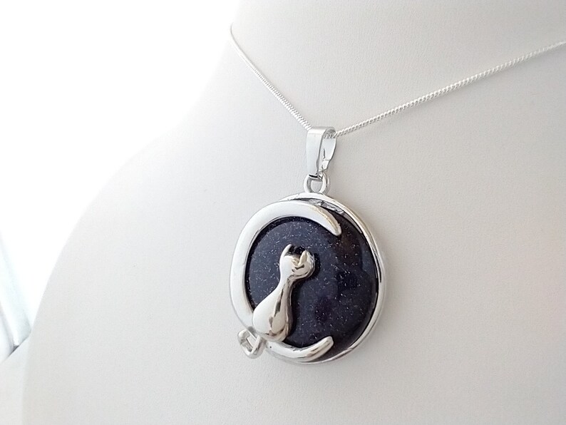 Blue Goldstone Cat Necklace Cat Moon Necklace Gemstone - Etsy