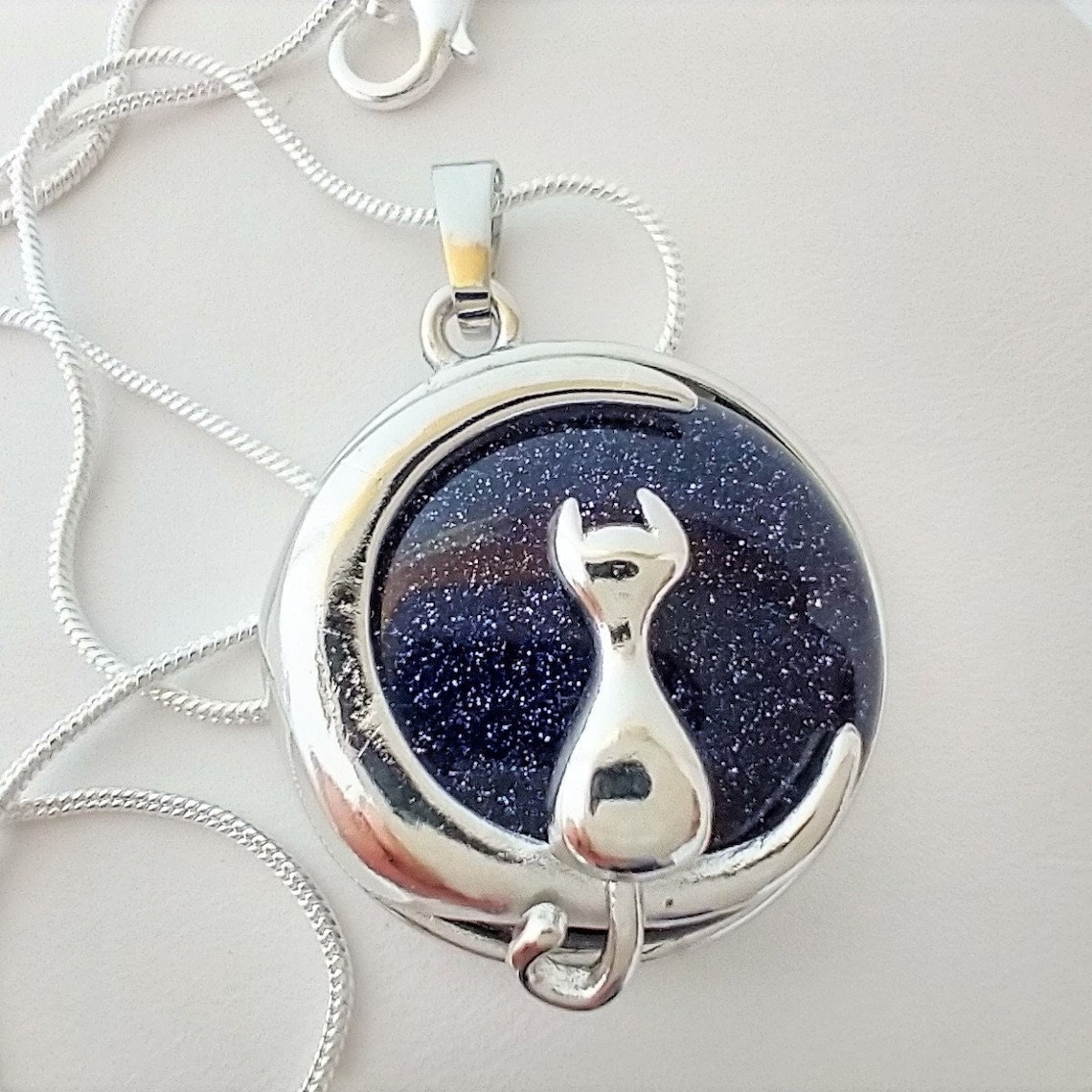 Blue Goldstone Cat Necklace Cat Moon Necklace Gemstone - Etsy