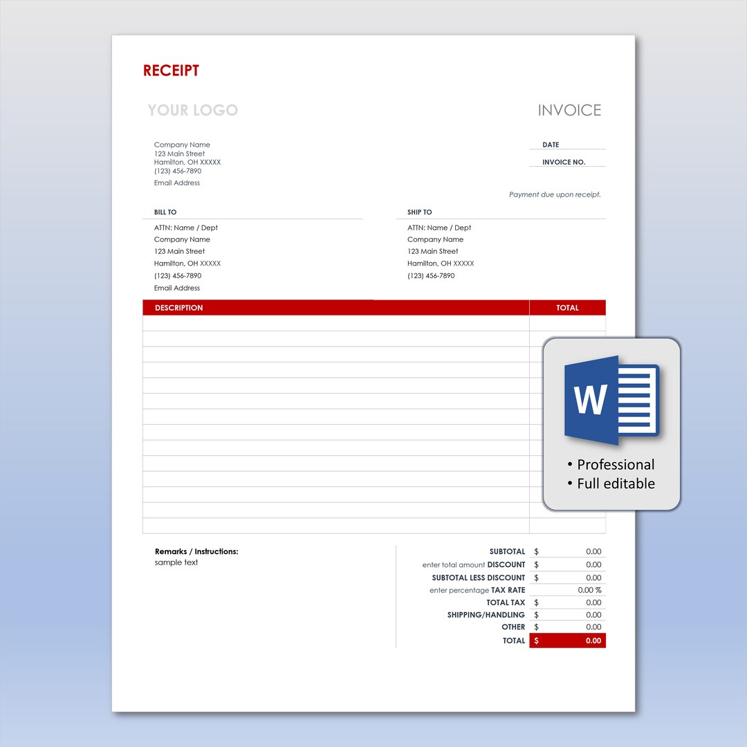 Professional Receipt Word Template Red - Etsy