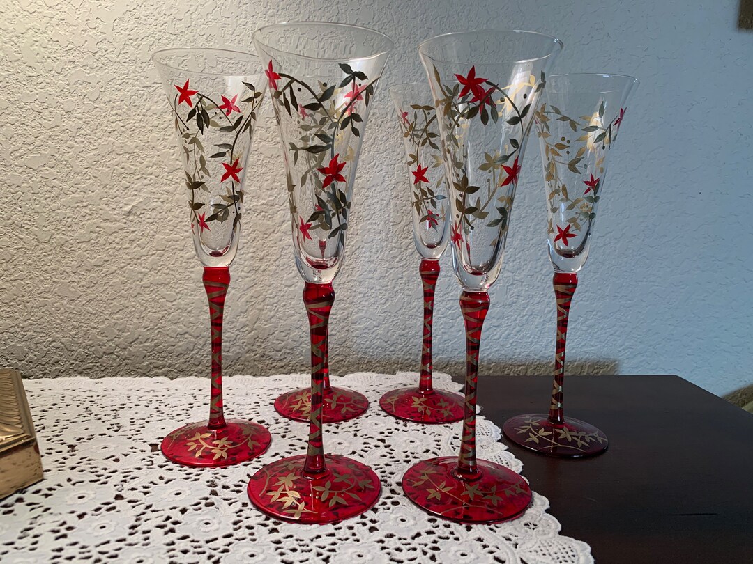 CHAMPAGNE FLUTES 1980s Hand-blown, Hand-painted Red & Gold Ivy Pattern ...