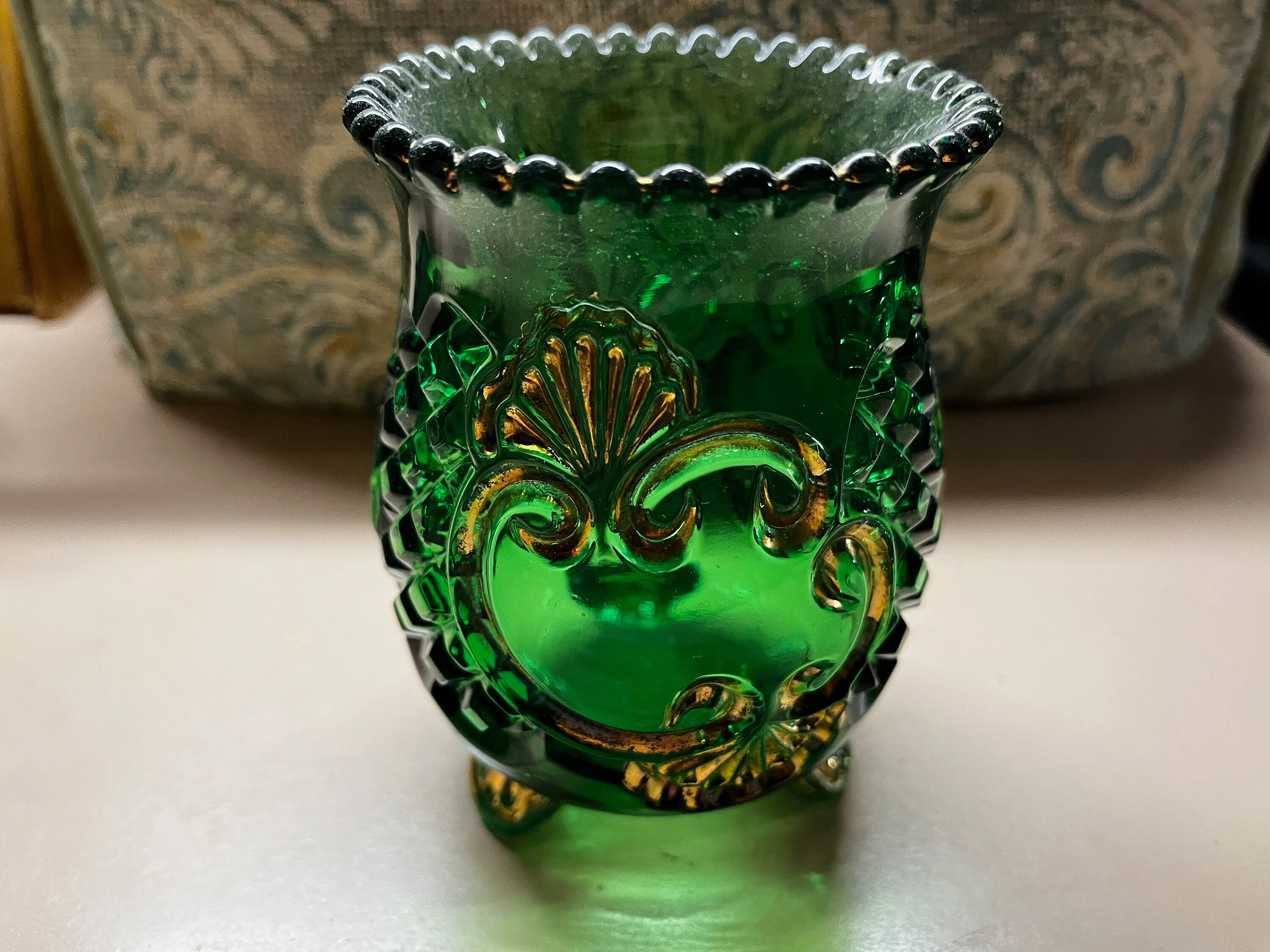Antique 1897 EAPG Riverside Glass Croesus Pattern Emerald Green & Gold ...