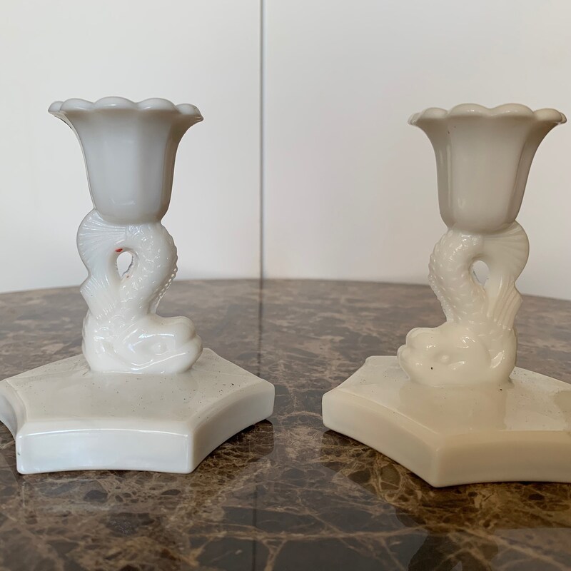 Milk Glass Dolphin Candlesticks - Etsy