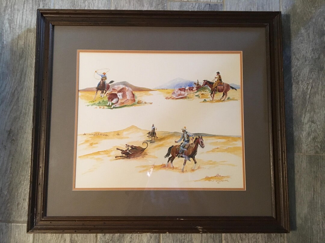 1981 Signed Walt Gallagher Cattle Roping Mixed Media Framed Watercolor ...