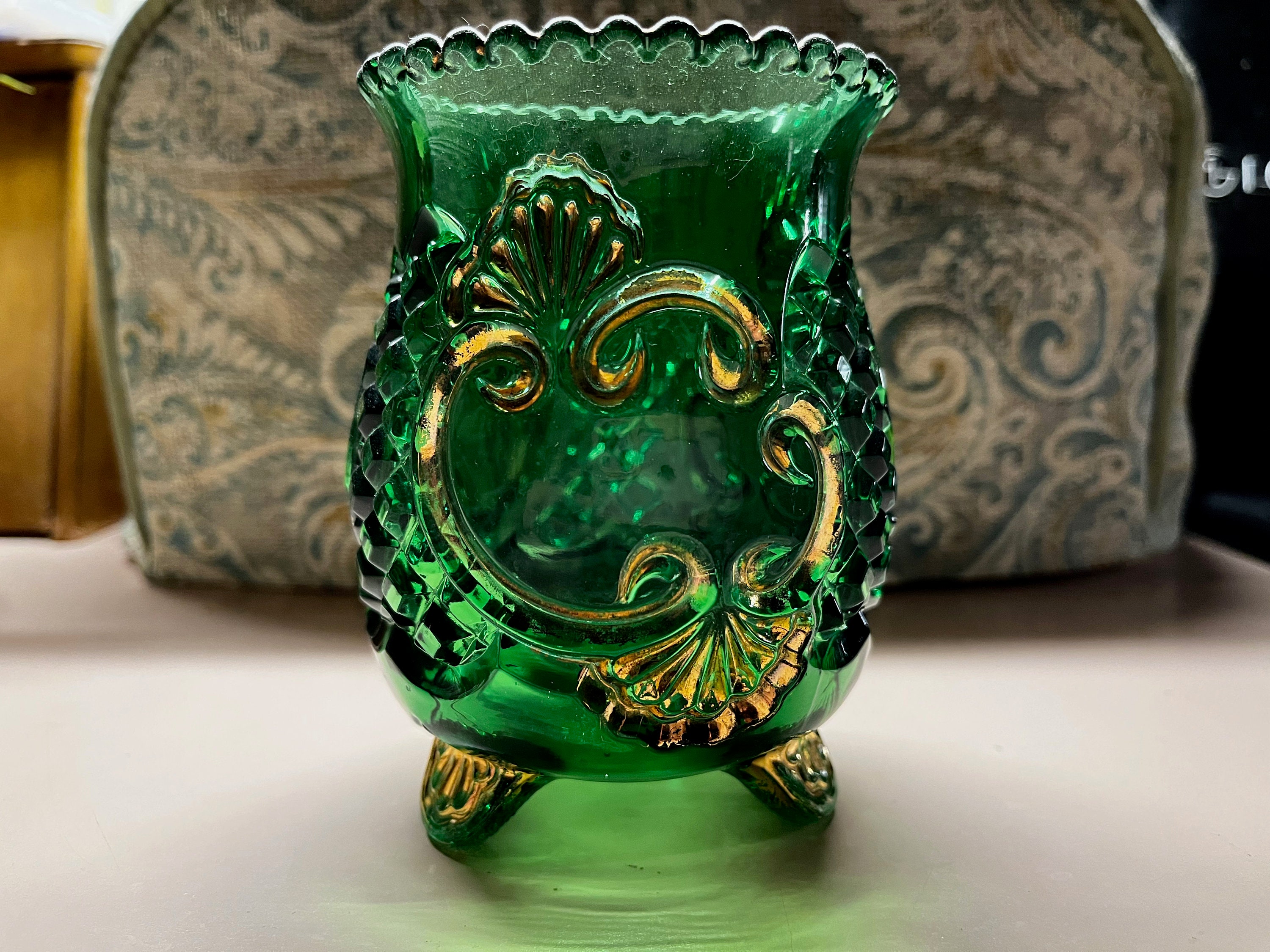 Antique 1897 EAPG Riverside Glass Croesus Pattern Emerald Green & Gold ...