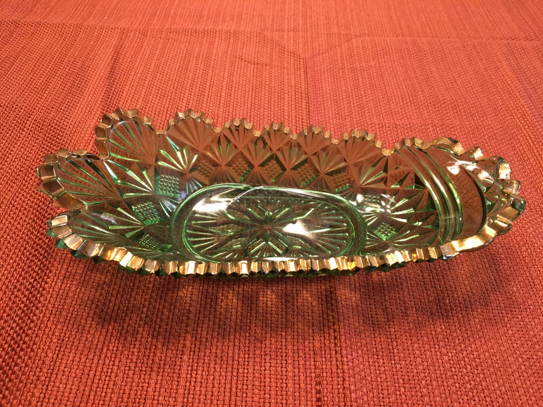 Antique 1920s EAPG Mckee Glass Teutonic Green Pressed Glass Pickle Dish ...