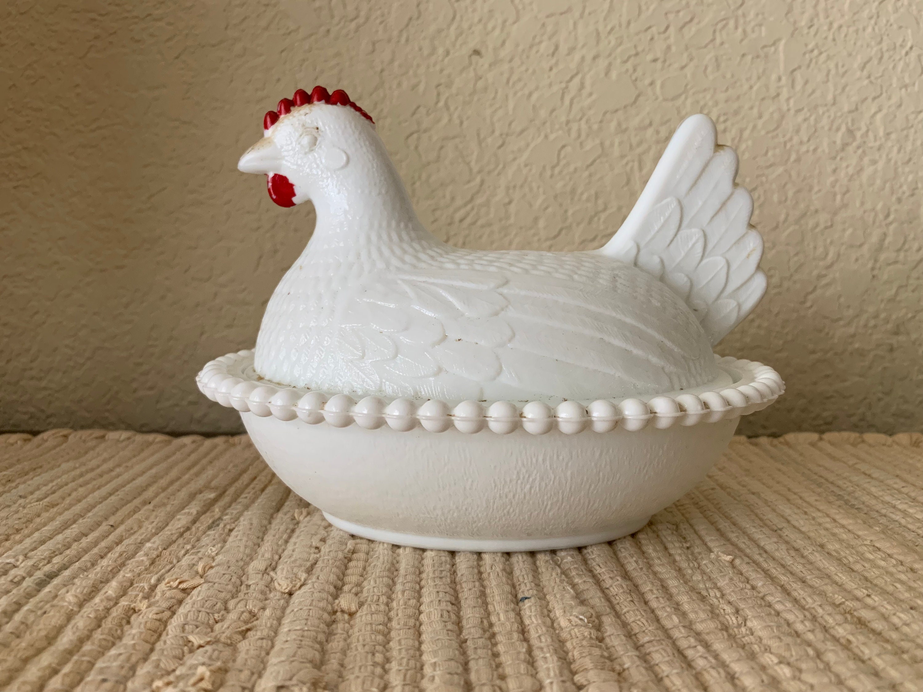 1930s Indiana Milk Glass Hen on Nest With Painted Red Comb Lidded Dish ...