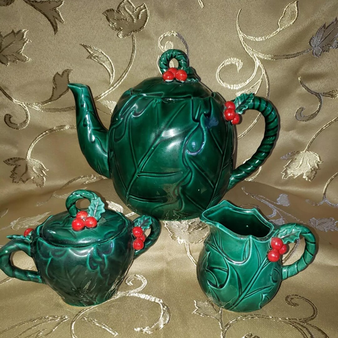 1970s Lefton japan Green Holly Teapot, Creamer & Lidded Sugar Bowl Set ...