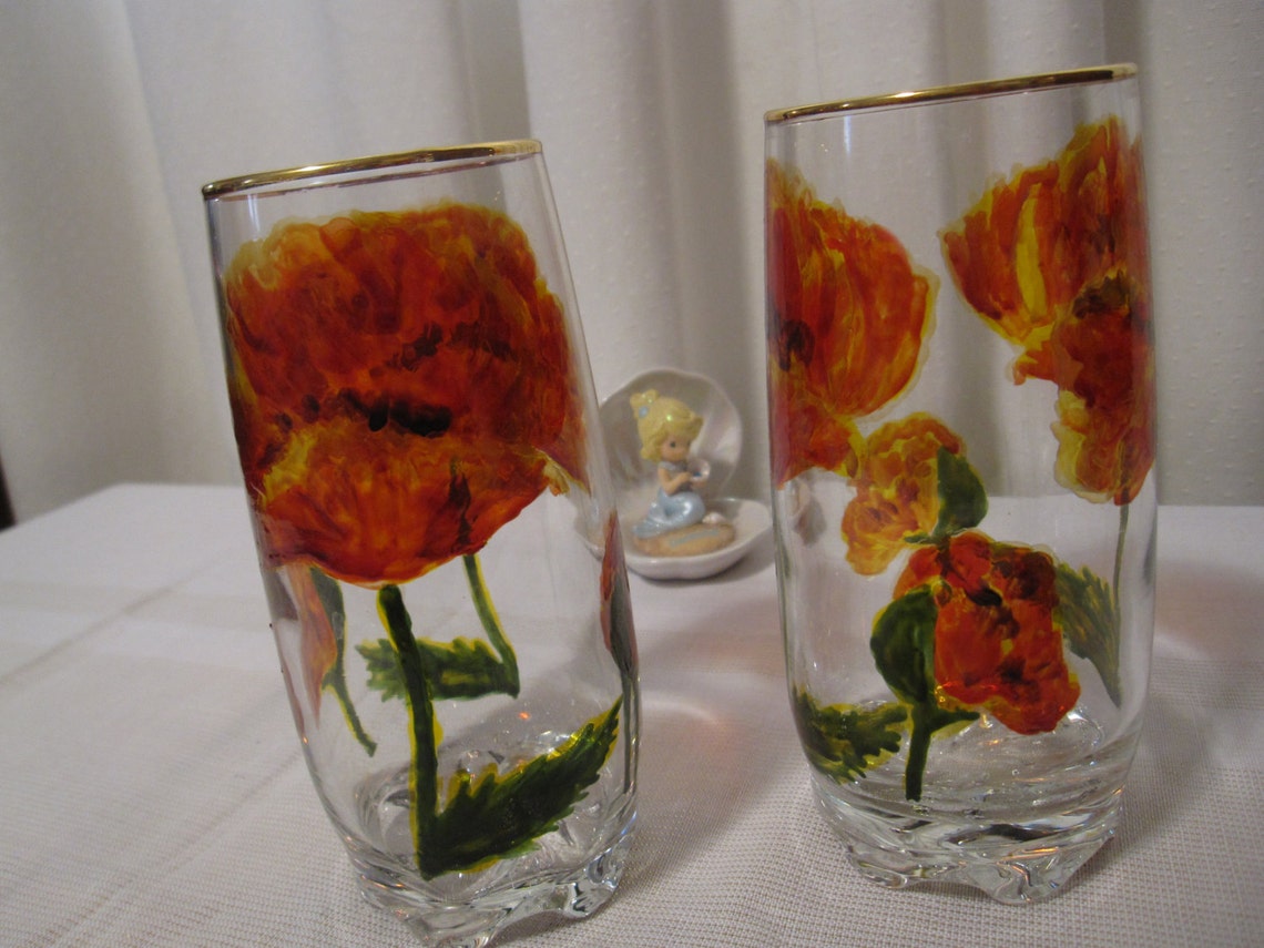 Hand Painted Glass,red,poppy Glasses,poppy Glass,painted Glass,floral ...